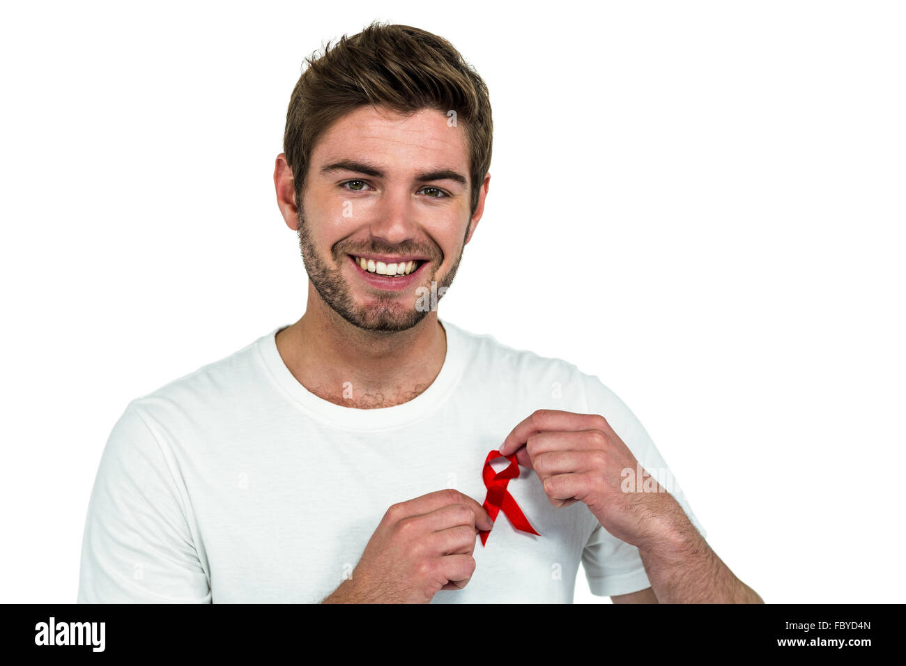 Portrait of smiling man with red ribbon Stock Photo - Alamy