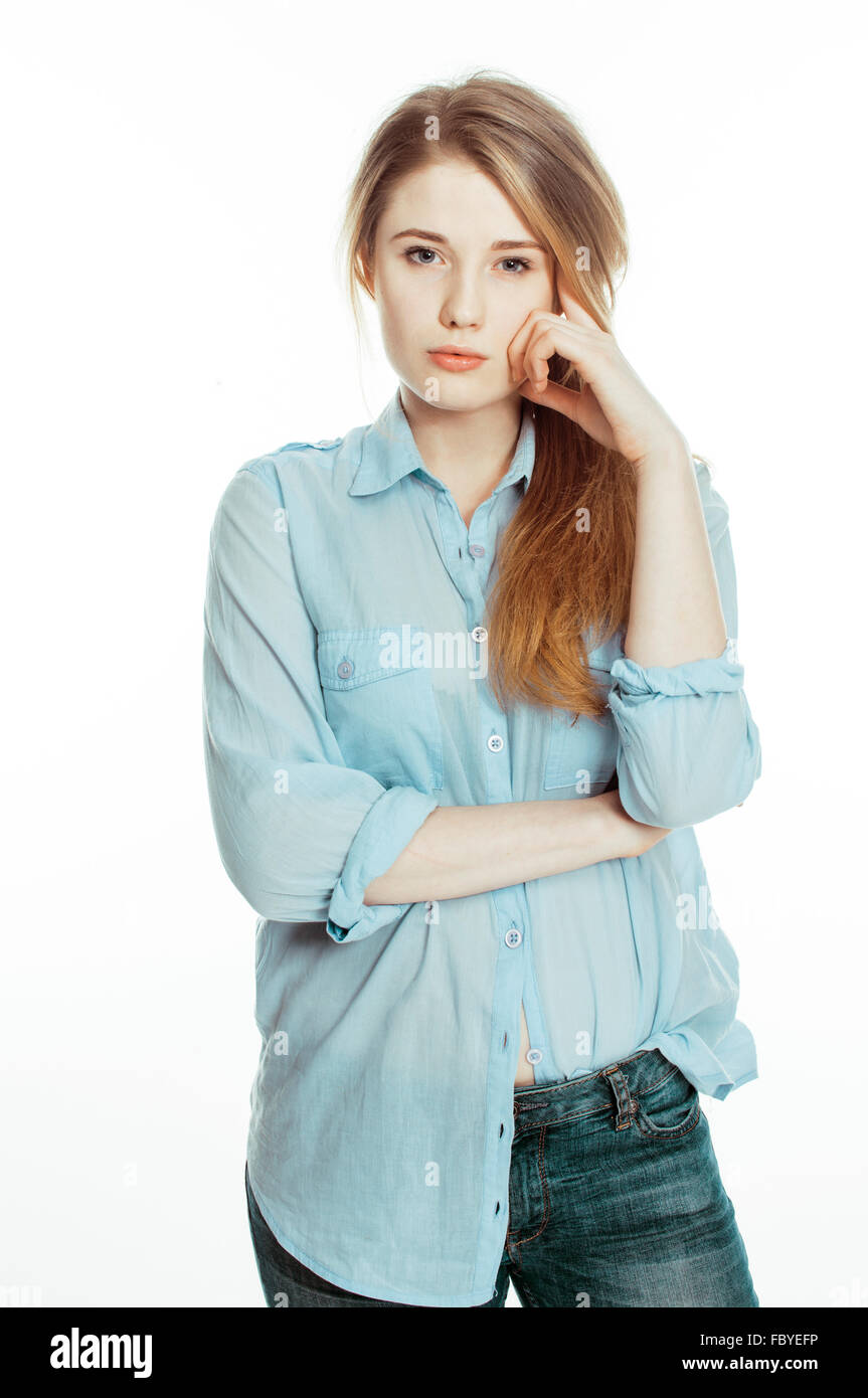 cute young pretty girl thinking on white background isolated close up ...