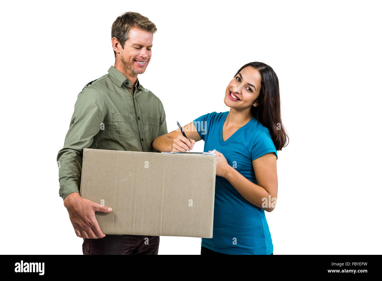 Happy delivery man with customer Stock Photo - Alamy