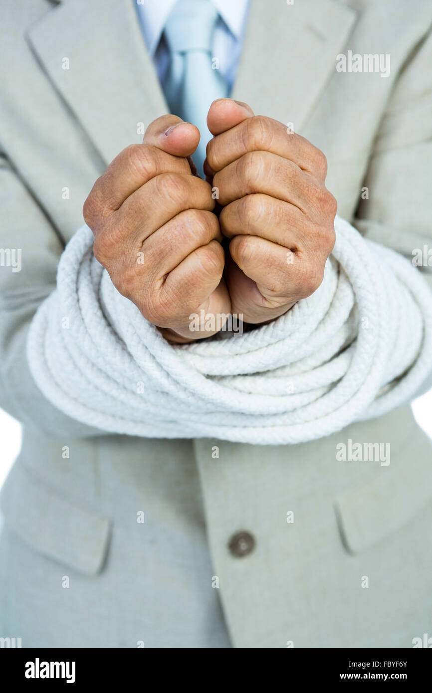 Businessman tied up in rope Stock Photo - Alamy