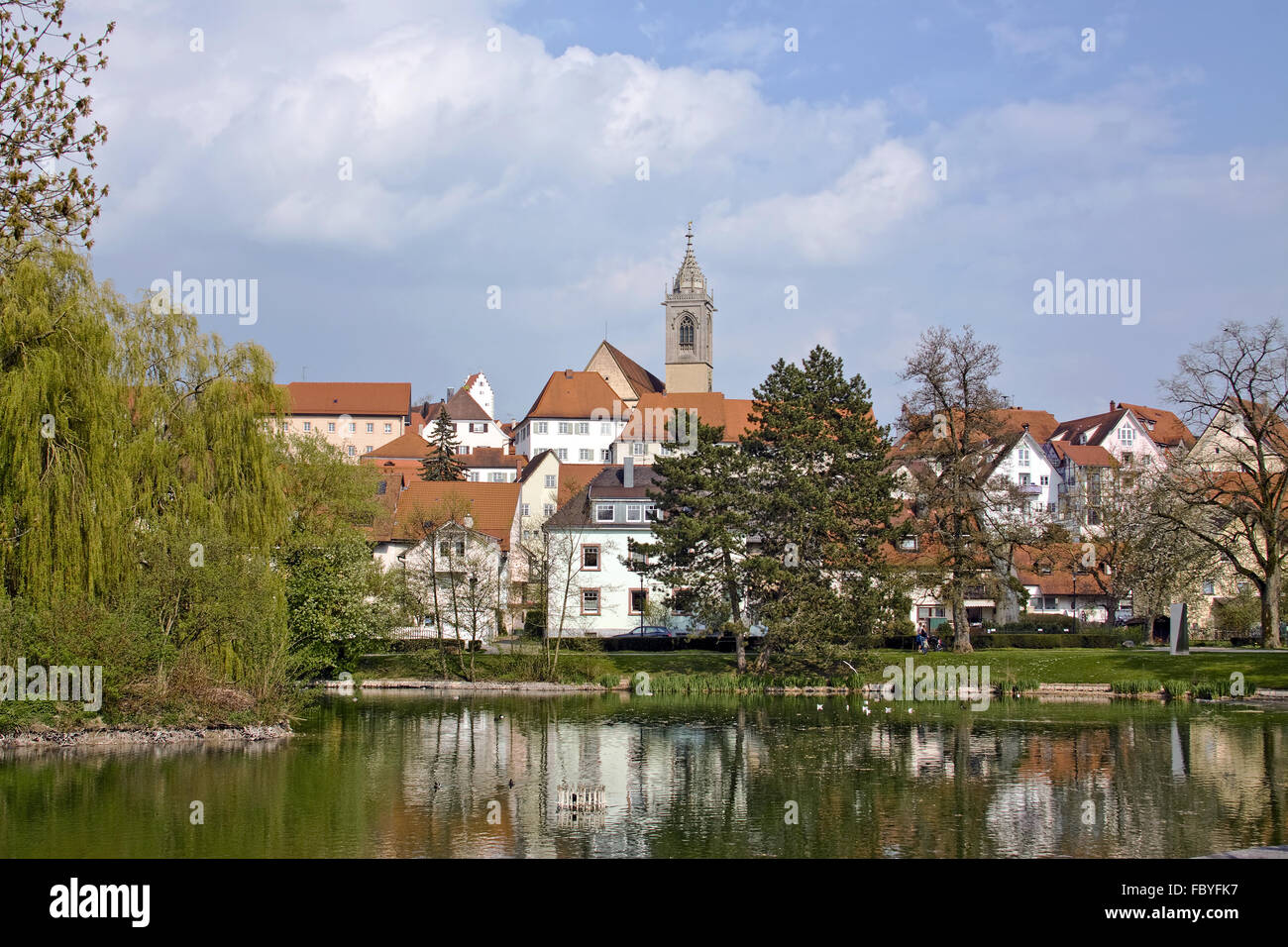 City pond with the old town of Pfullendorf Stock Photo - Alamy