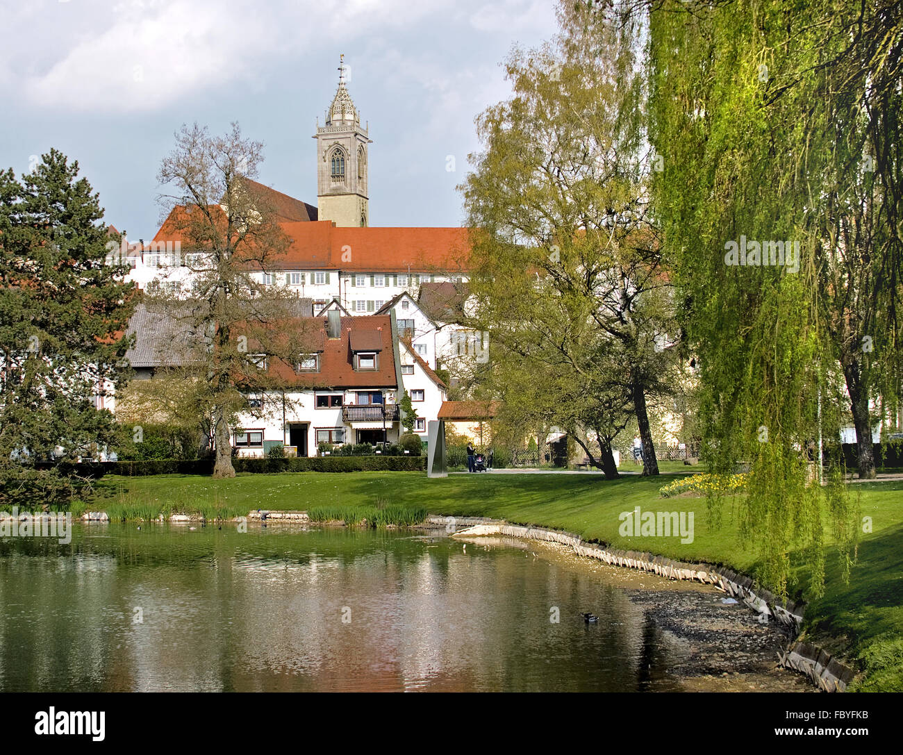 City pond with the old town of Pfullendorf Stock Photo - Alamy