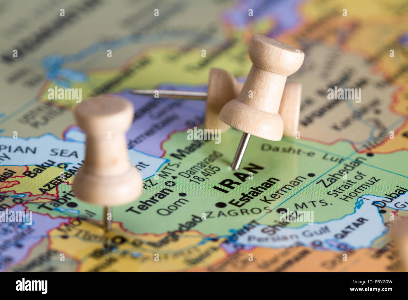 Close up of a world map focused on the country of Iran as a concept ...