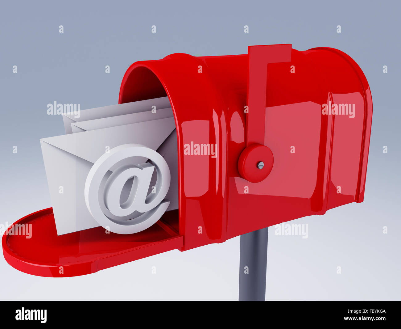 red mail box with at symbol and heap of letters Stock Photo - Alamy