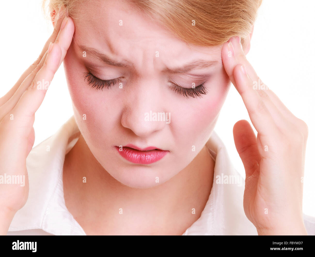 Headache. Woman suffering from head pain isolated Stock Photo - Alamy