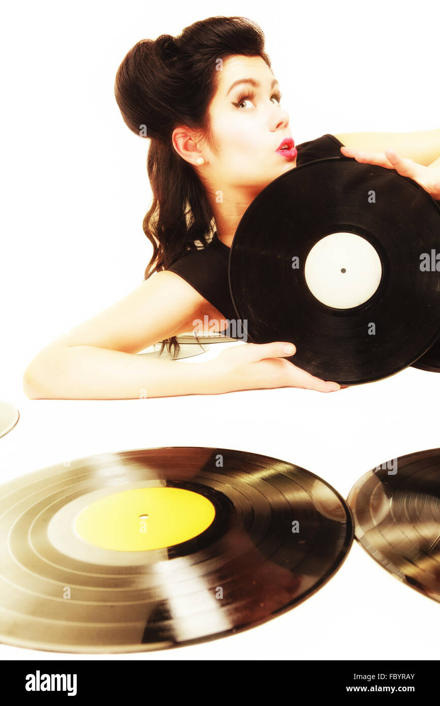 Girl with phonography analogue records music lover Stock Photo - Alamy