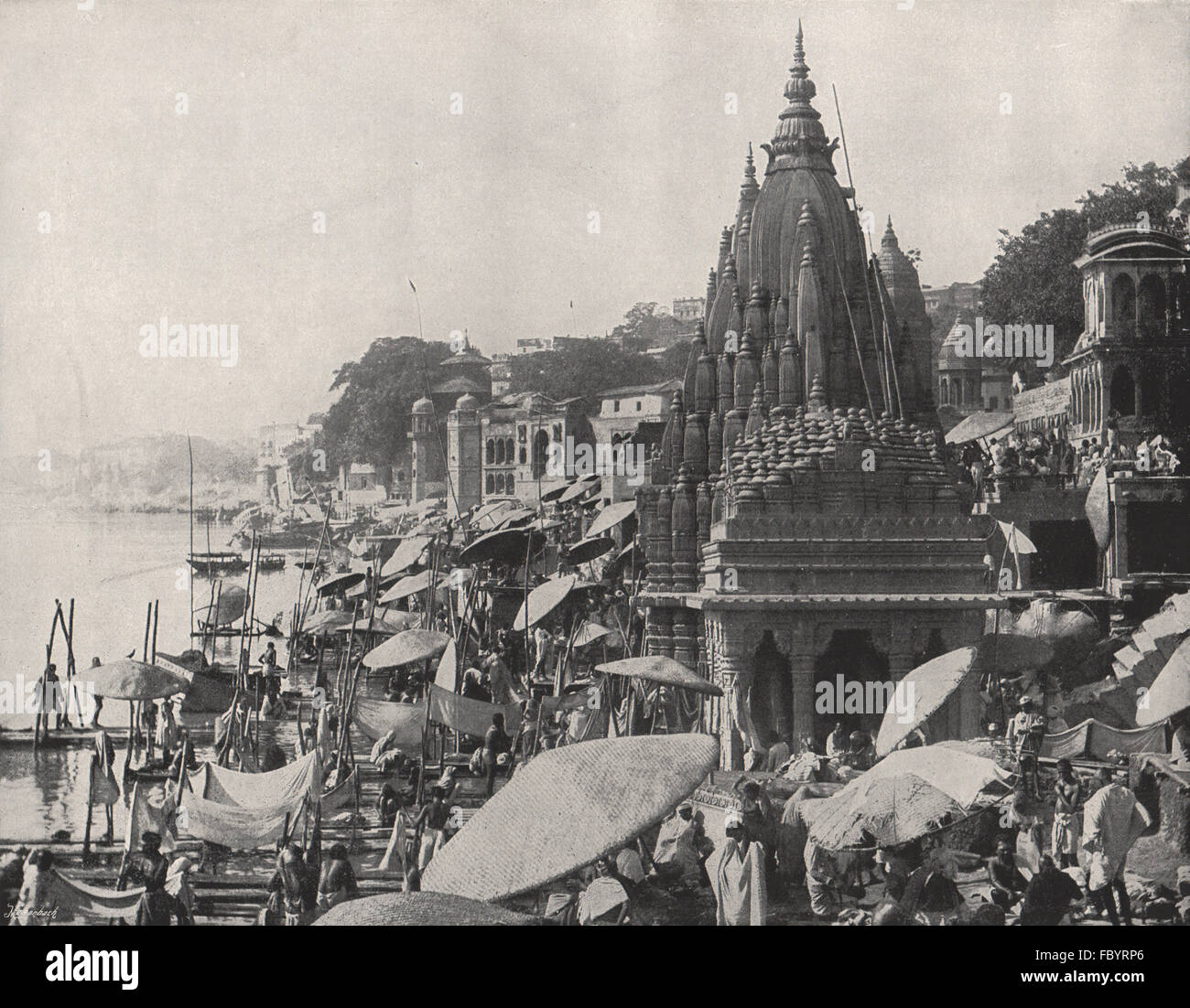 BENARES (VARANASI) . The Vishnu pond and ghat. India, antique print ...