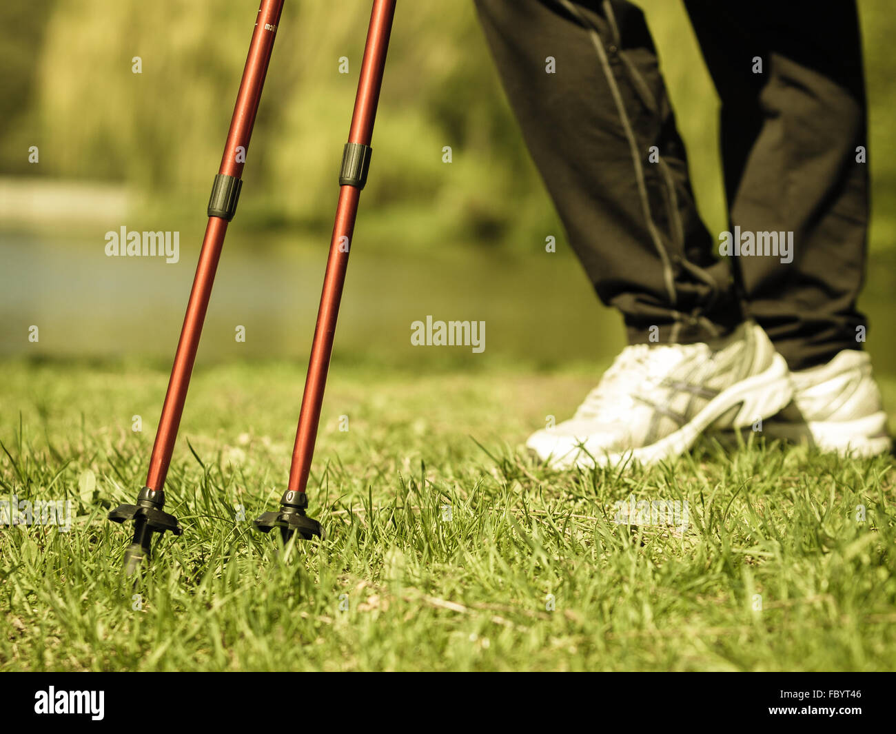 Nordic walking. Female legs hiking in the park Stock Photo - Alamy