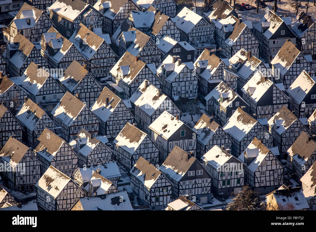 Aerial view, winter, snow, "age spots" historic city of Freudenberg in ...