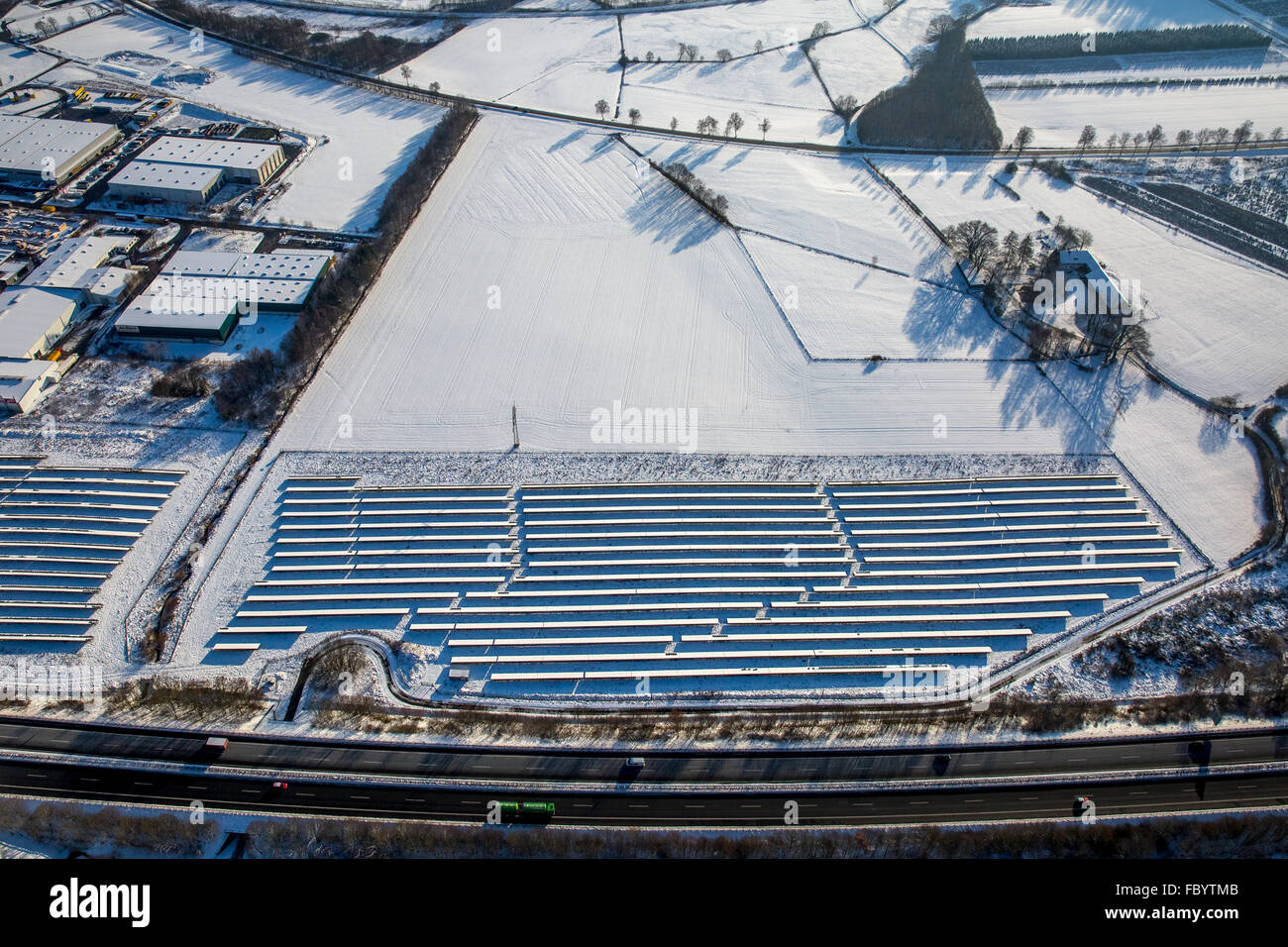 Aerial view, solar system south of the industrial park Enste off the ...