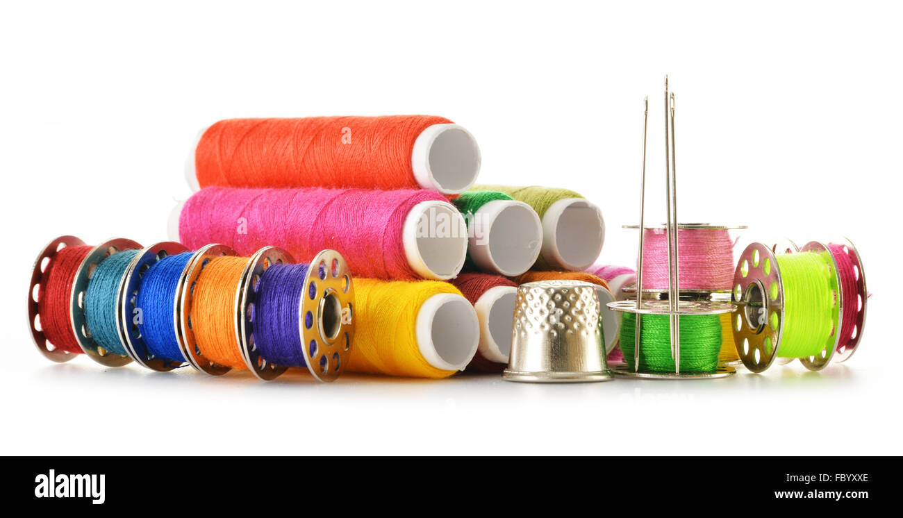 Tailor needles and threads over white background Stock Photo - Alamy