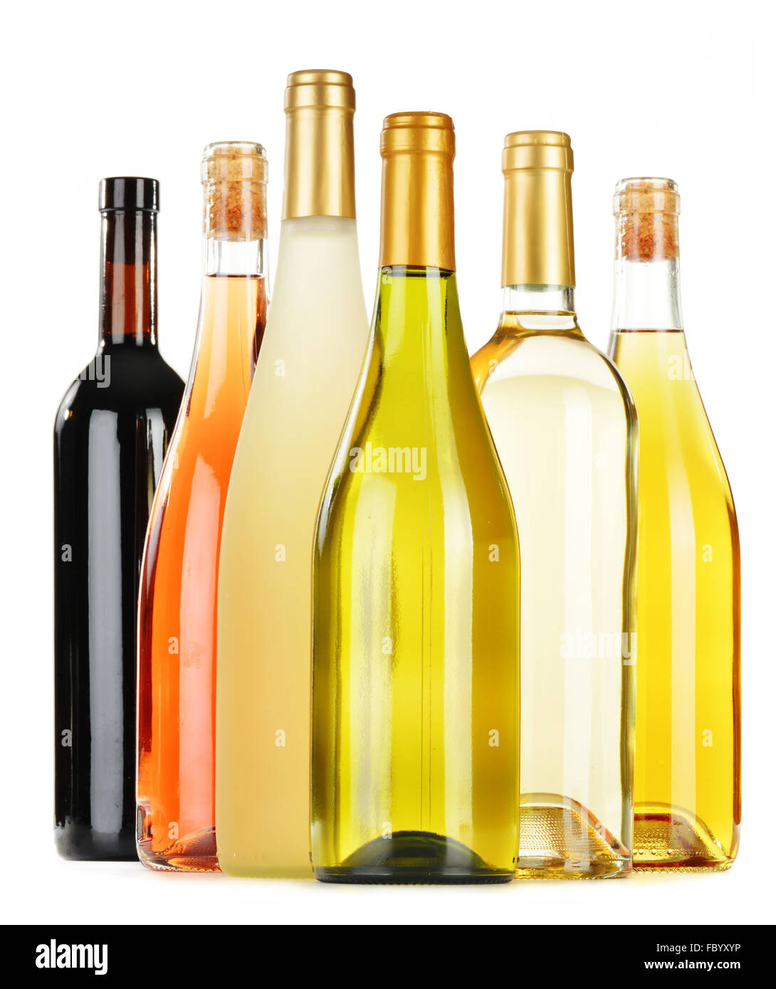 Composition with variety of wine bottles isolated on white Stock Photo ...