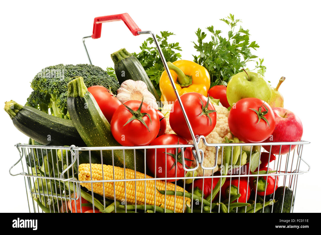 Wire shopping basket with groceries isolated on white background Stock ...