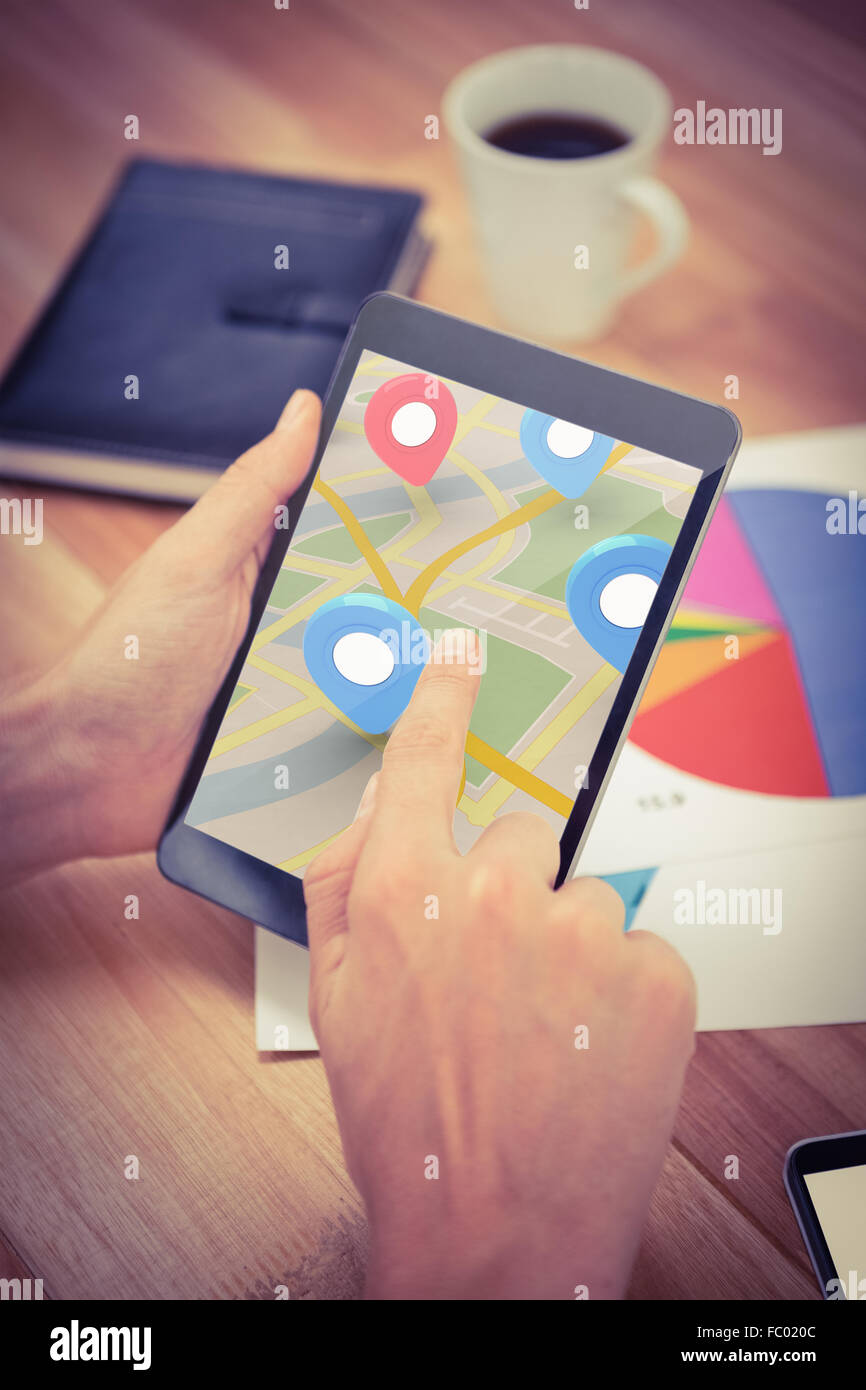 Composite image of red pointer surrounded by blue markers on world map ...