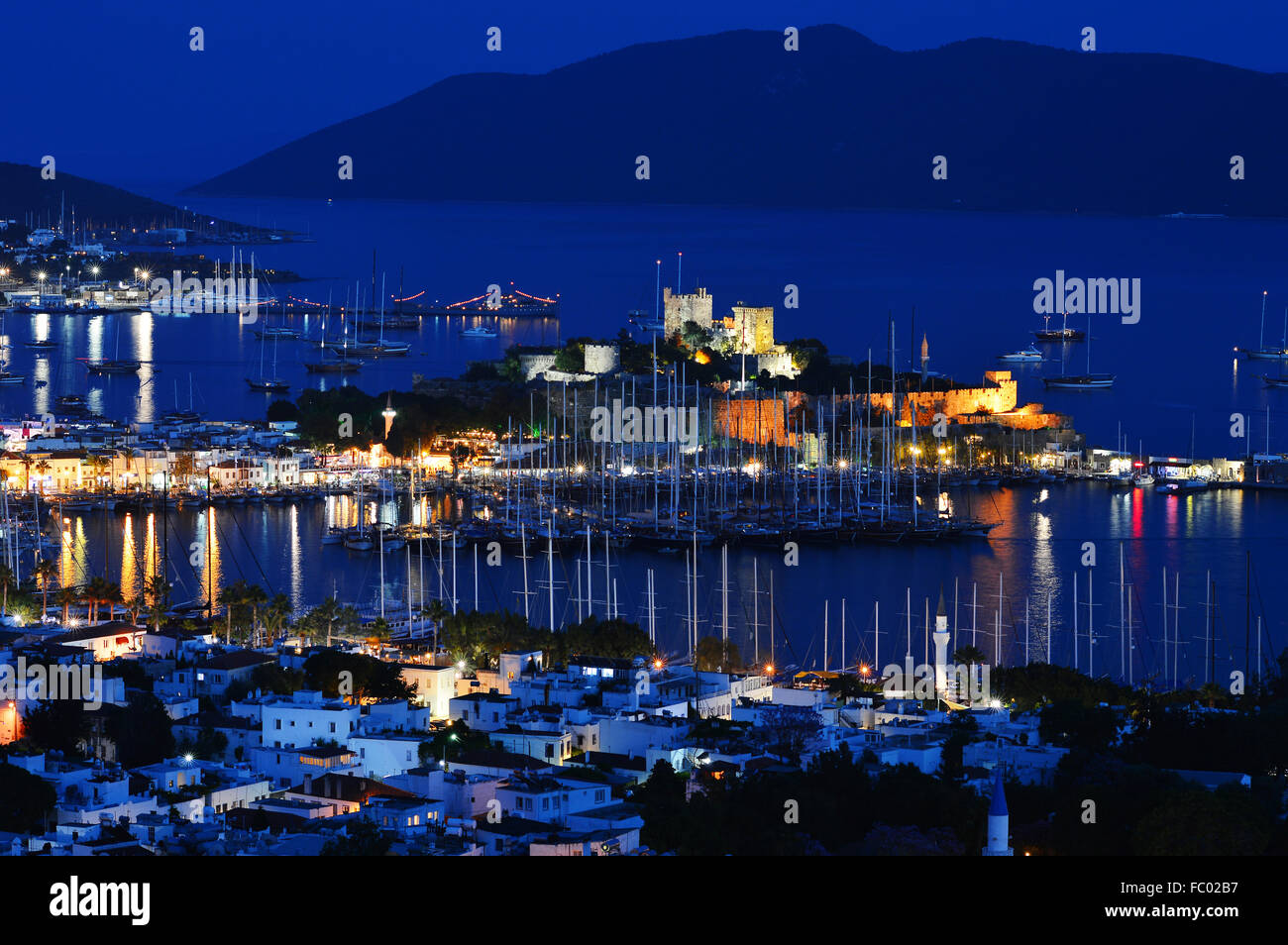 View of Bodrum harbor by night. Turkish Riviera Stock Photo - Alamy