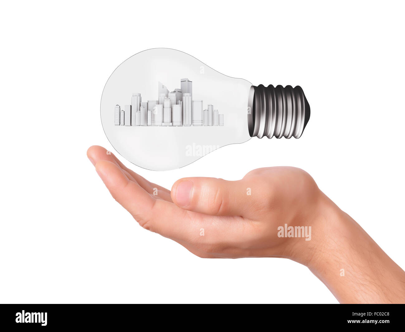 hand holding bulb with white city on isolated whit Stock Photo - Alamy