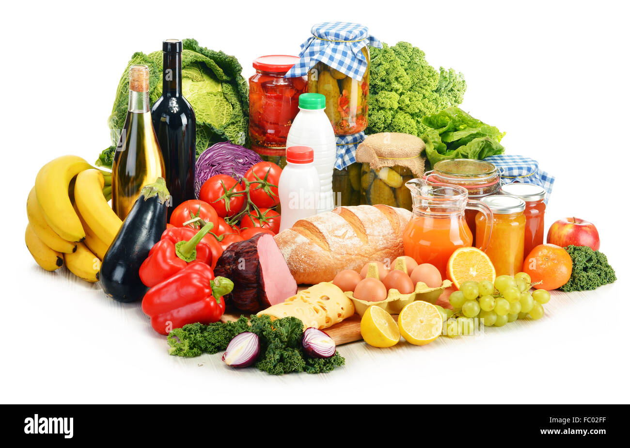 Composition with variety of grocery products isolated on white Stock ...