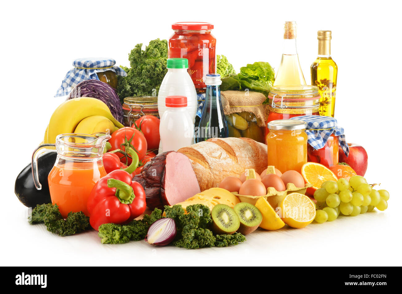 Composition with variety of grocery products isolated on white Stock ...