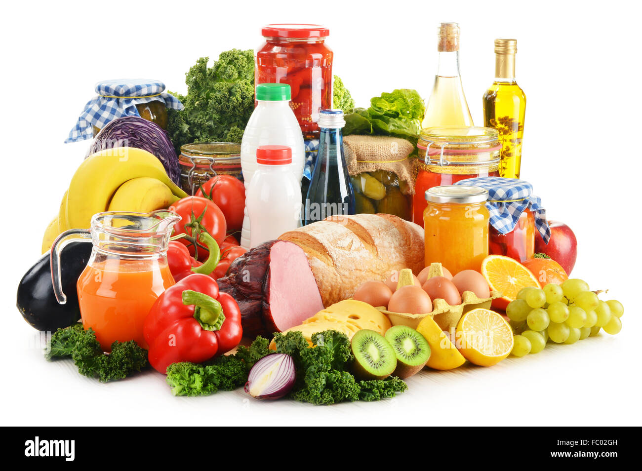 Composition with variety of grocery products isolated on white Stock ...