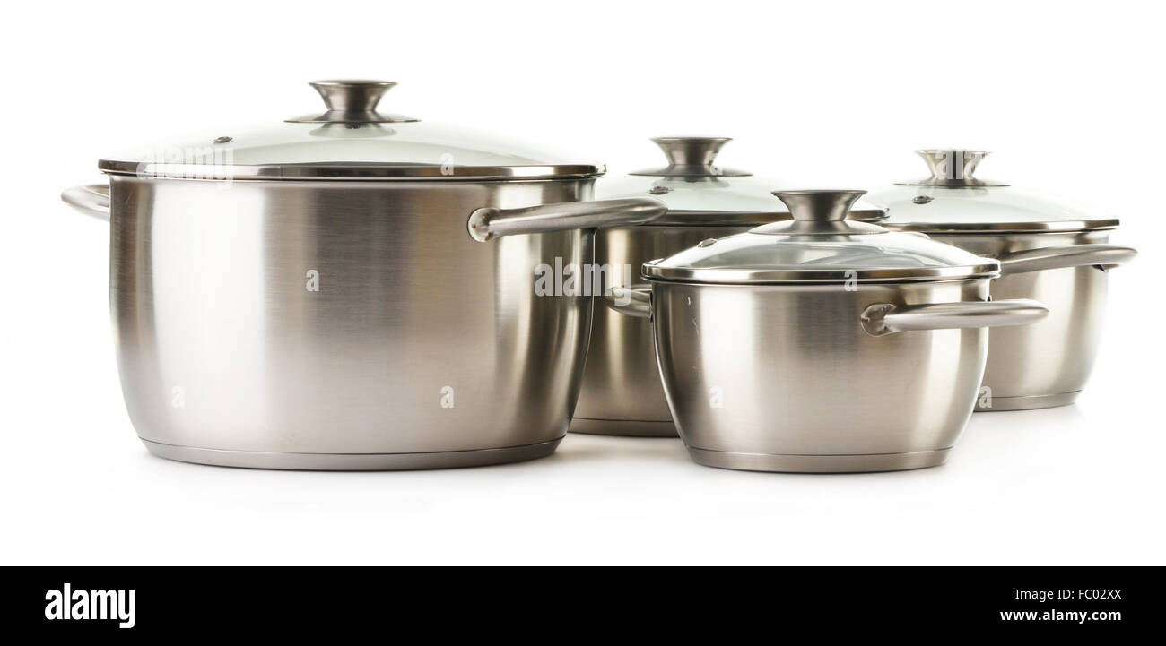 Stainless pots isolated on a white background Stock Photo - Alamy