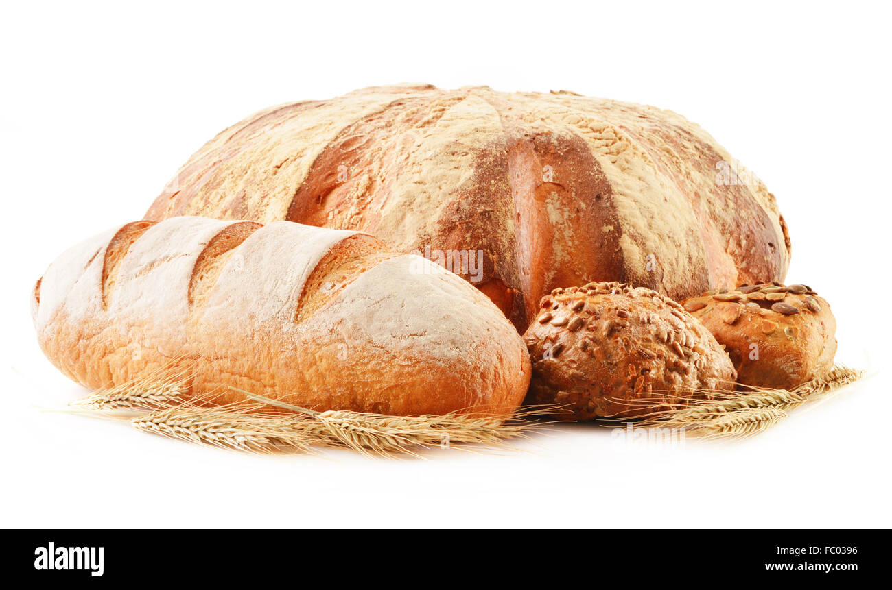Composition with loafs of bread isolated on white background Stock ...