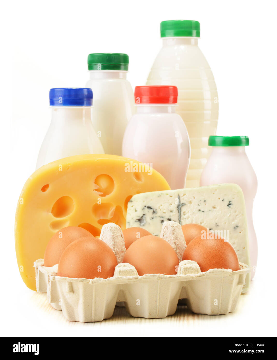 Composition with variety of dairy products isolated on white Stock ...