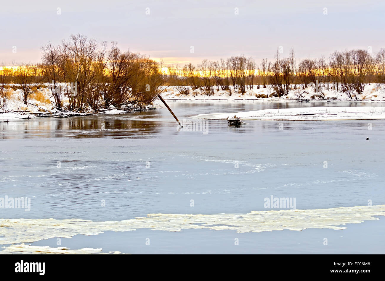 River with ice and snow-covered beach with trees Stock Photo - Alamy