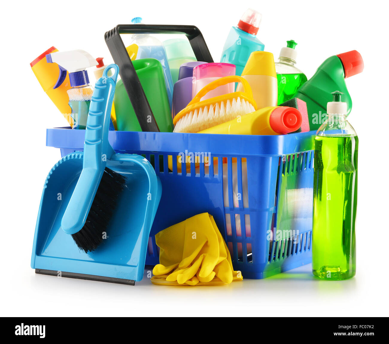 Shopping basket with detergent bottles and chemical cleaning supplies ...
