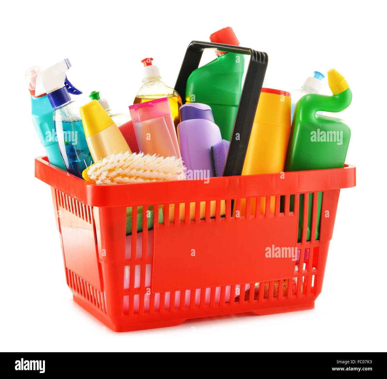 Shopping basket with detergent bottles and chemical cleaning supplies ...