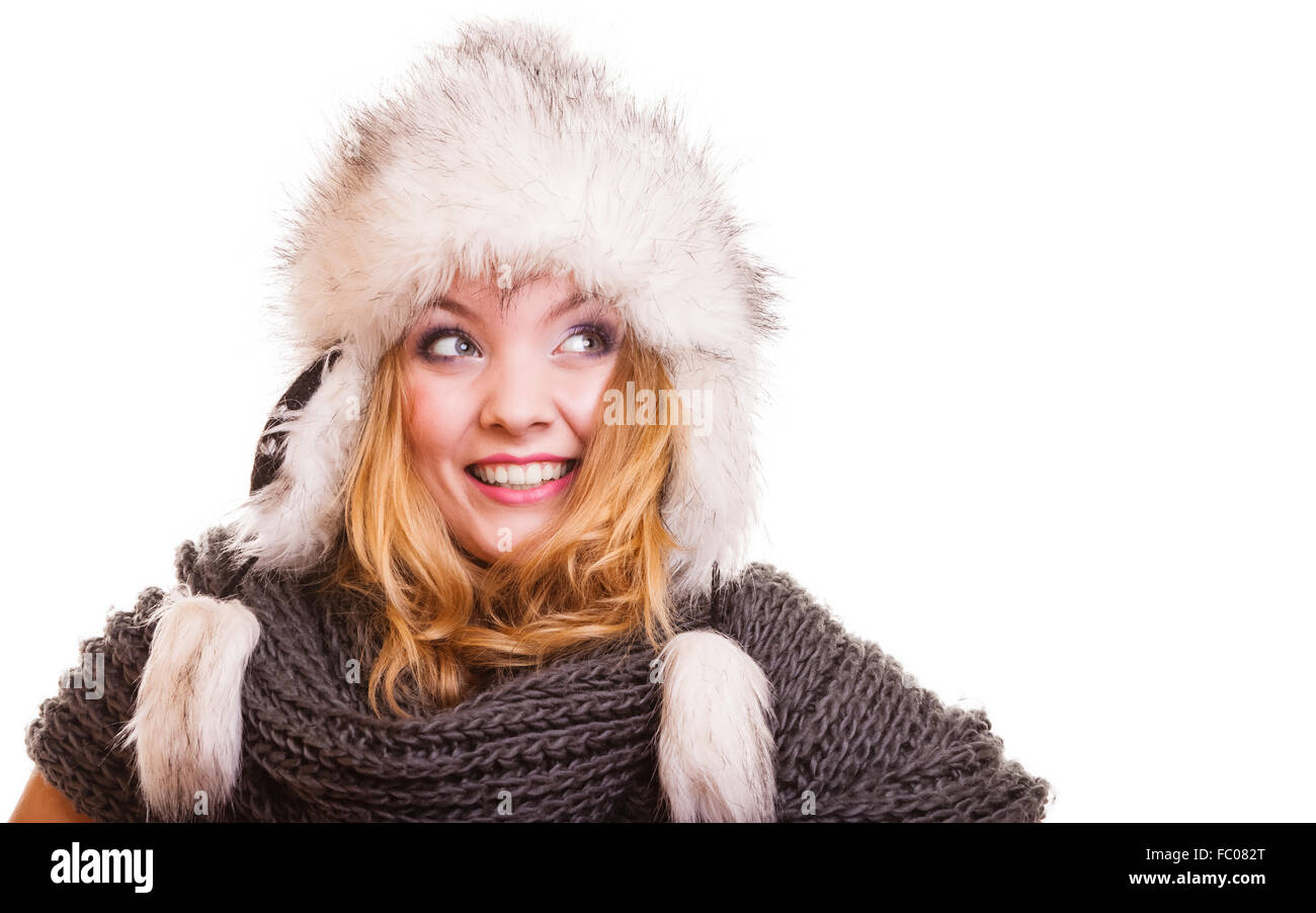 Winter fashion girl in fur hat doing fun isolated Stock Photo - Alamy