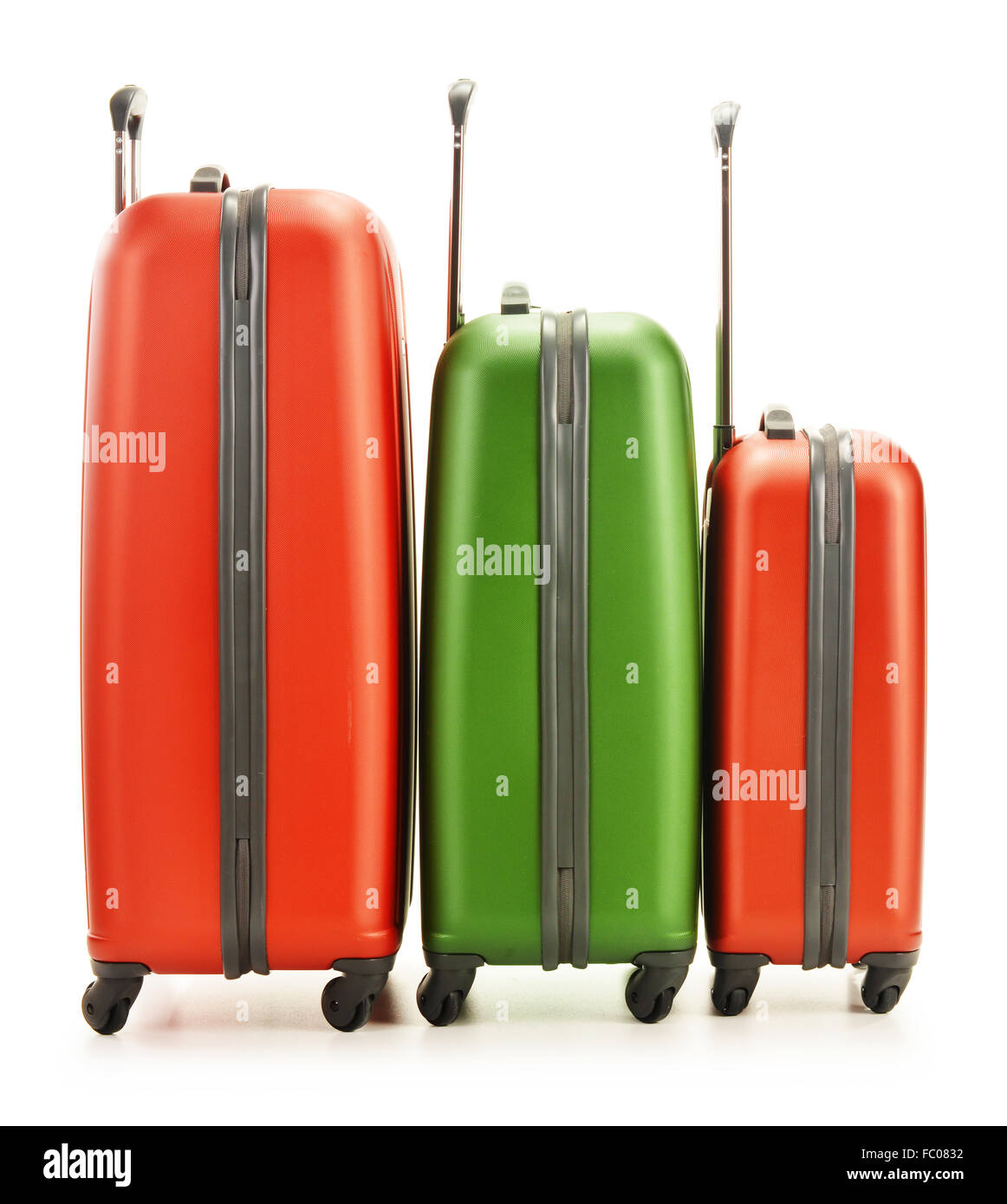 Luggage consisting of three polycarbonate suitcases isolated on white ...