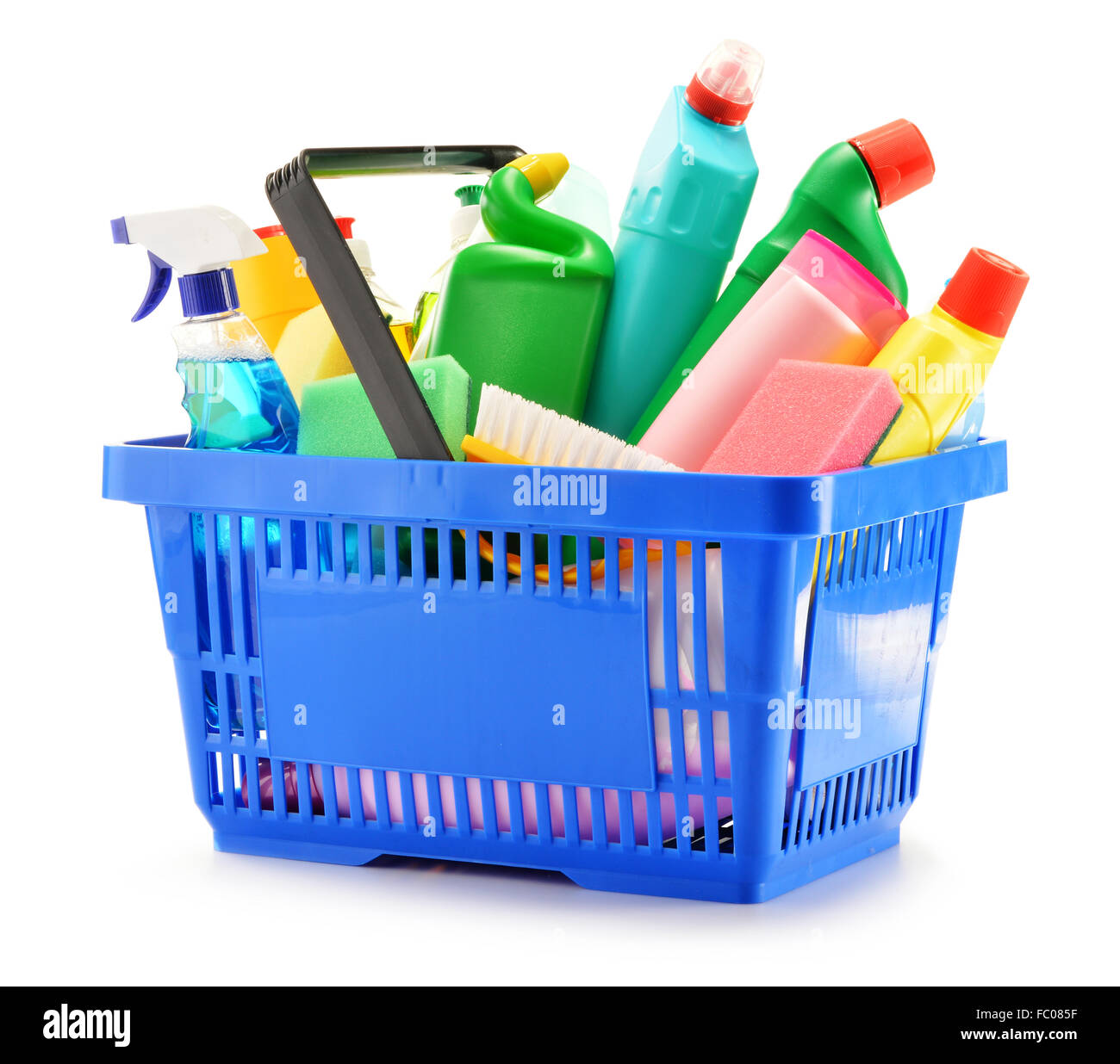 Shopping basket with detergent bottles and chemical cleaning supplies ...