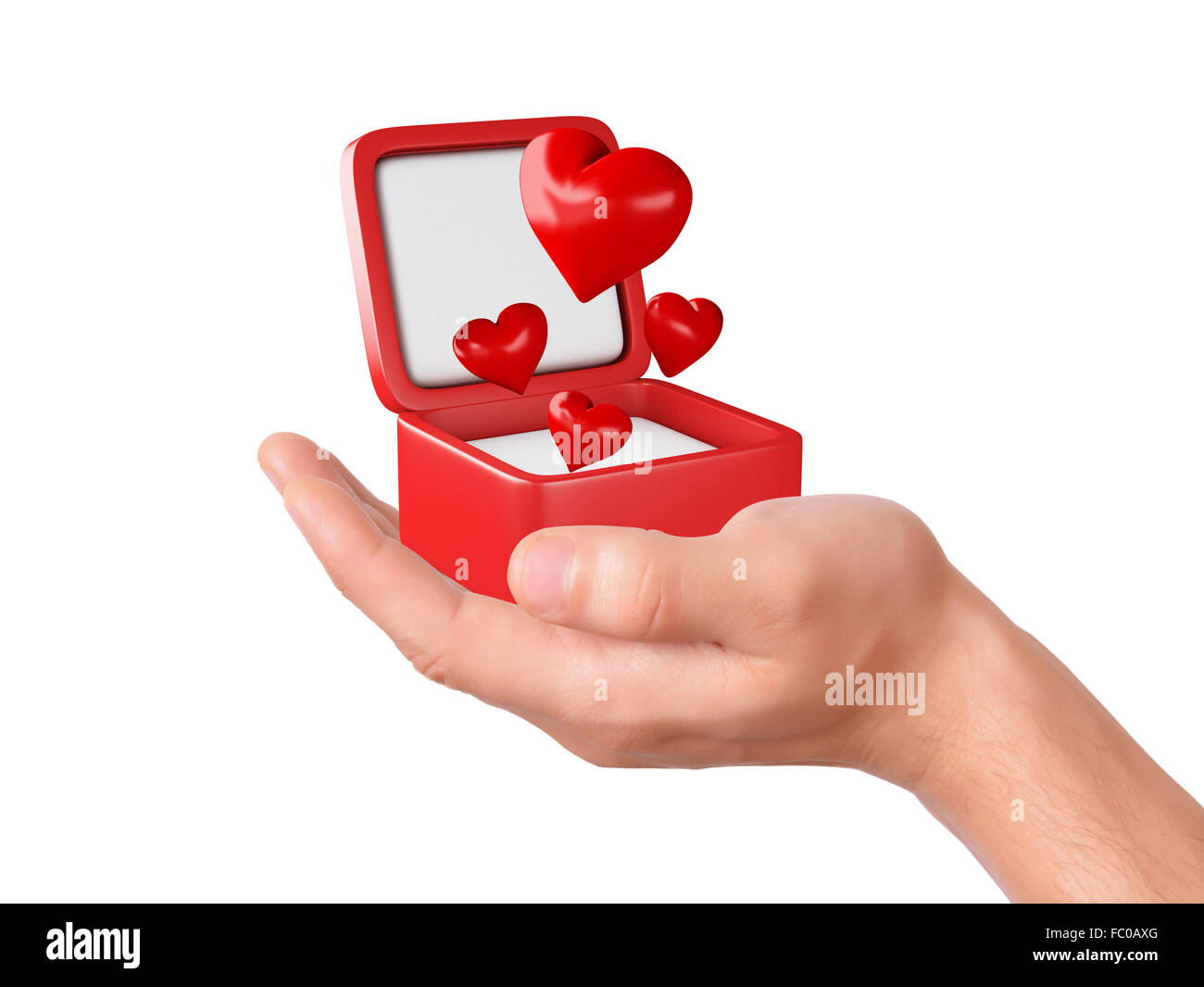 Hand hold hearts in a gift box on white background Stock Photo - Alamy