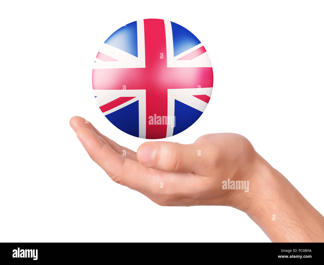 hand hold United Kingdom flag icon on white bakgro Stock Photo - Alamy