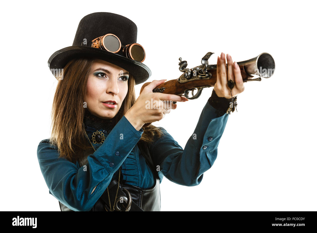 steampunk woman holding a gun isolated Stock Photo - Alamy