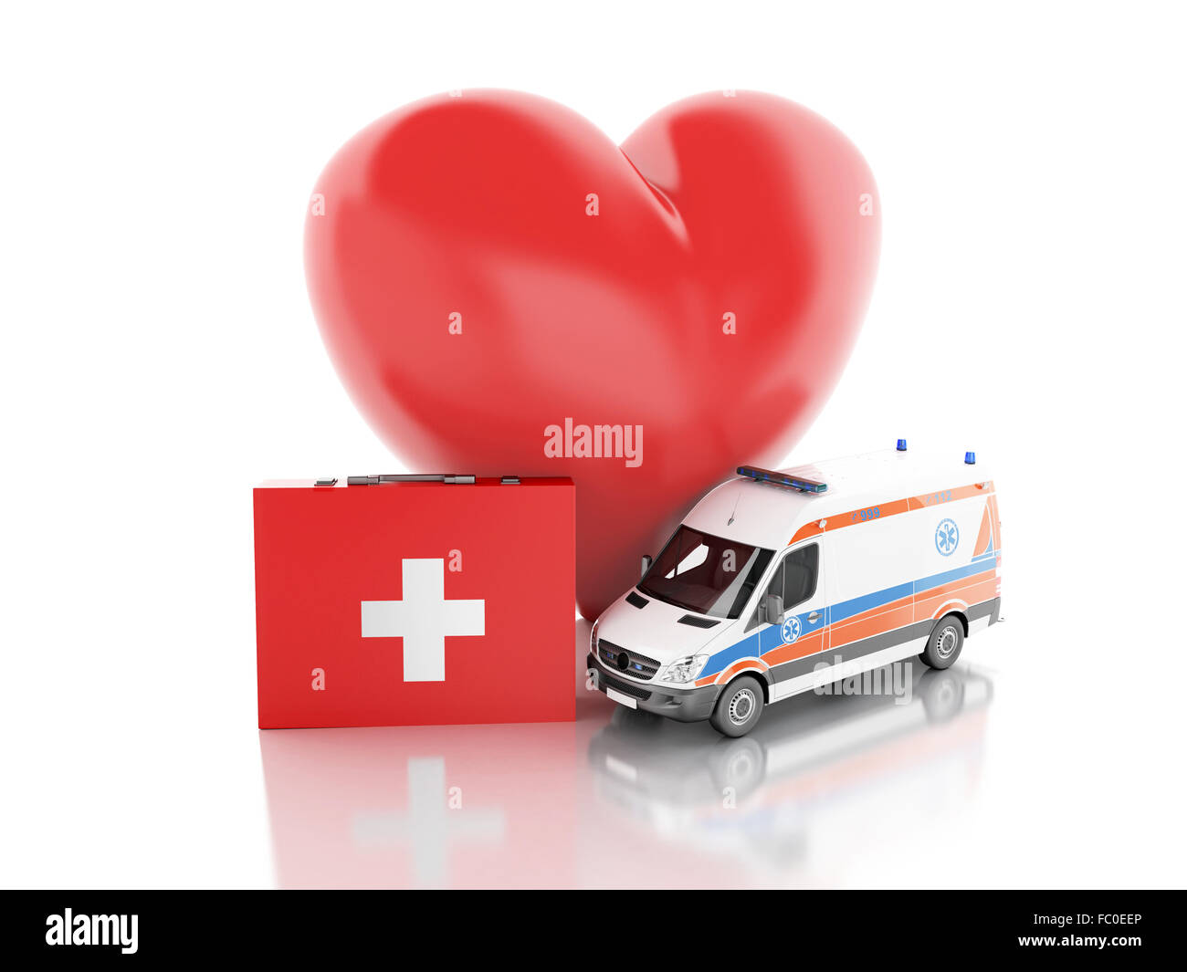 red heart, first aid kit and ambulance. 3d illustr Stock Photo - Alamy