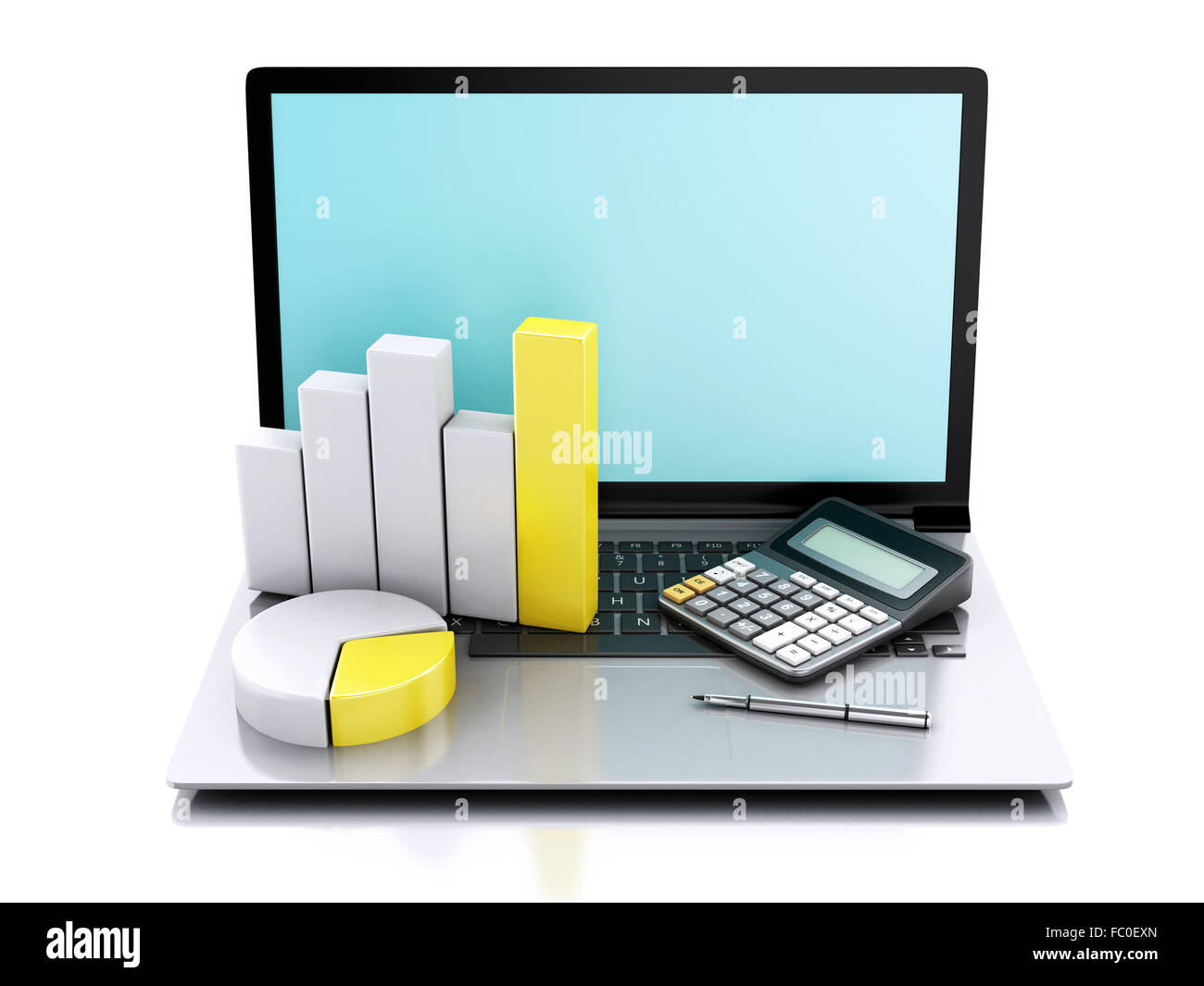 3d Laptop with charts and graph. Business office Stock Photo - Alamy