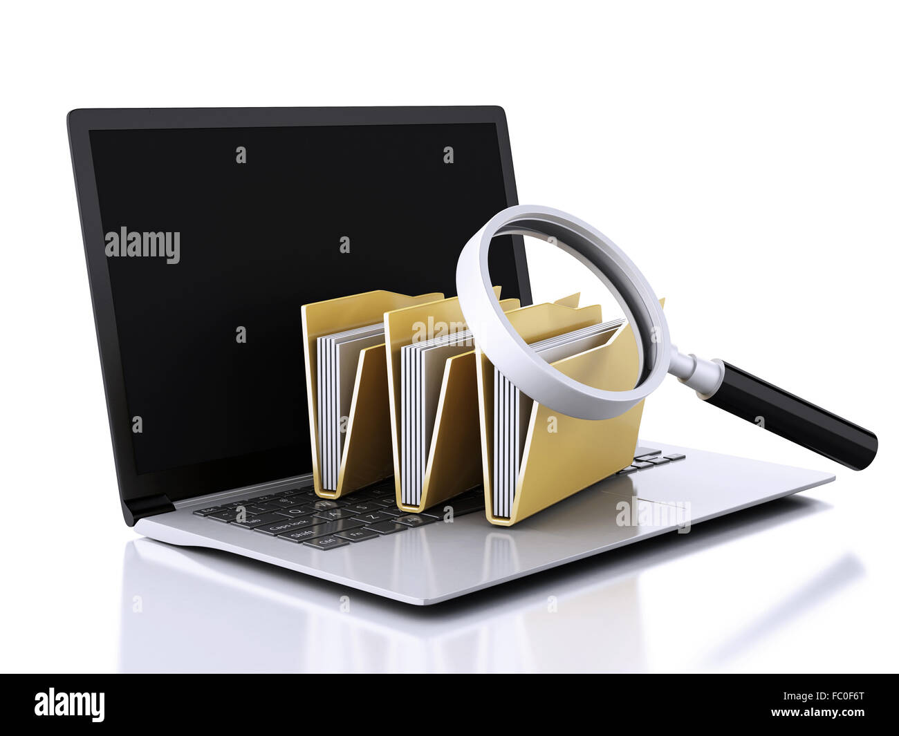 3d laptop, magnifying glass and computer files Stock Photo - Alamy