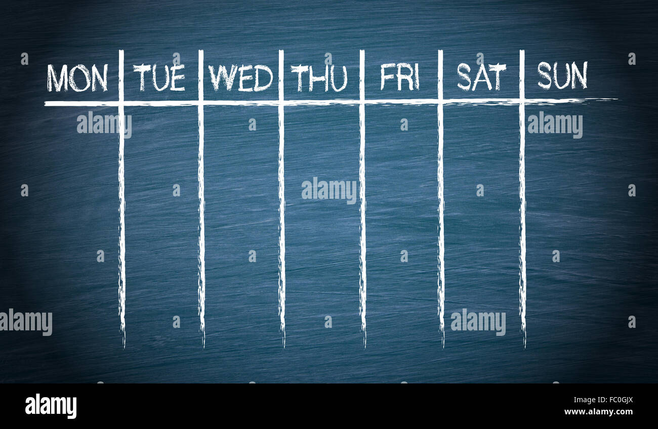 Weekly Calendar on blue chalkboard Stock Photo - Alamy