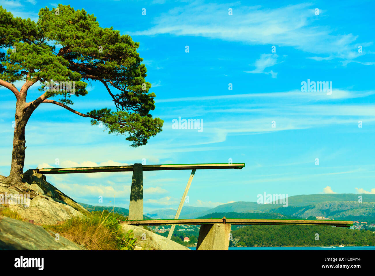 View of diving board. Springboard to dive at water Stock Photo - Alamy