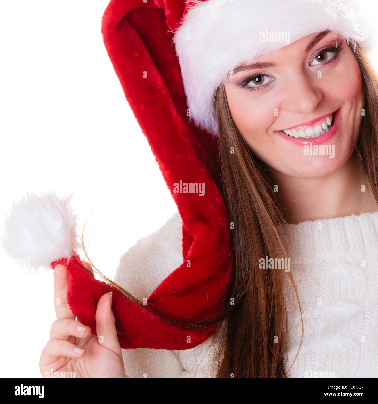 Woman santa helper hat portrait Stock Photo - Alamy
