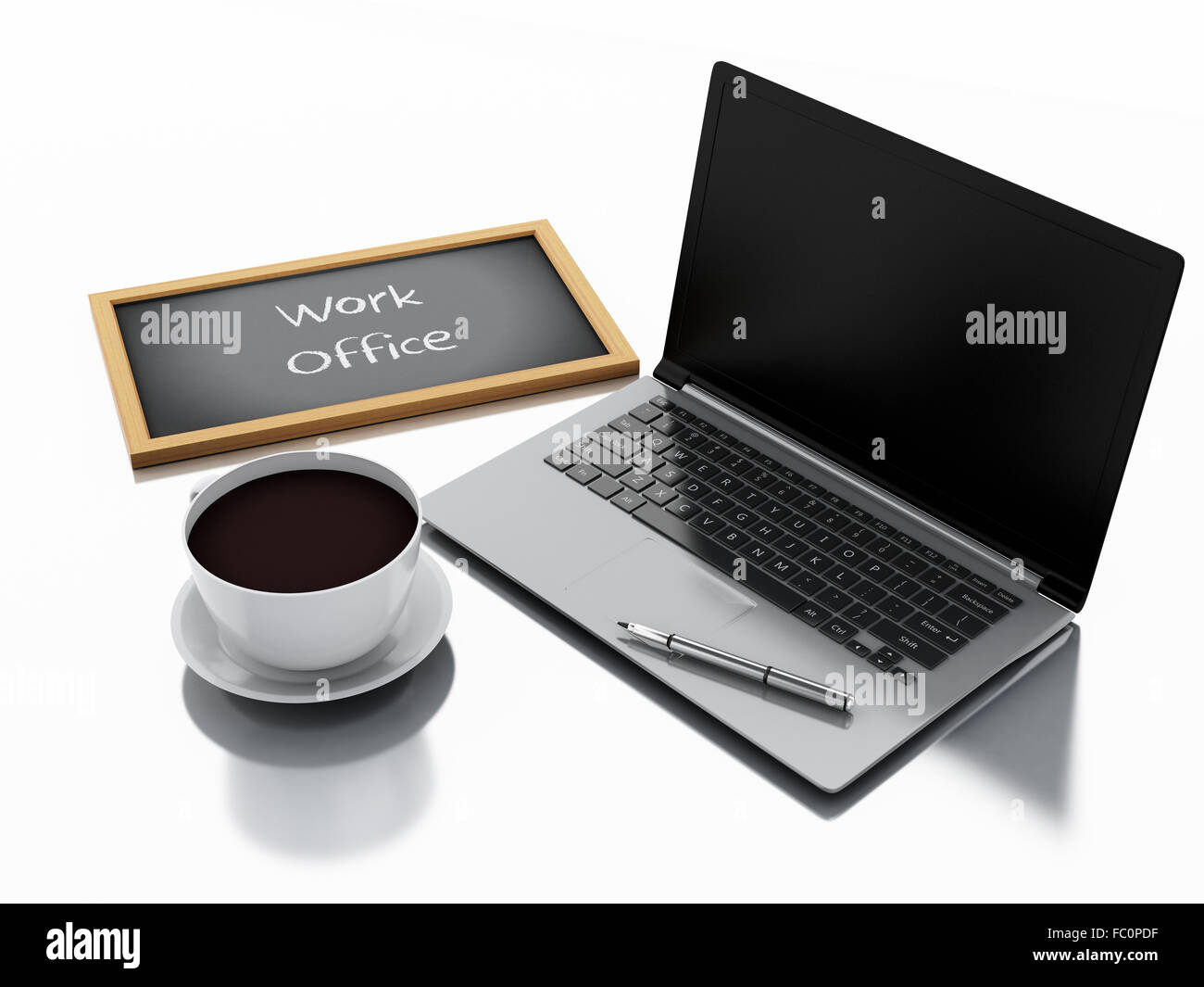 3d chalkboard, cup of coffee and laptop pc. work o Stock Photo - Alamy