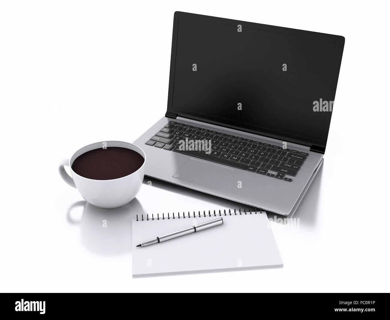 laptop, notepad and cup of coffee. work office con Stock Photo - Alamy