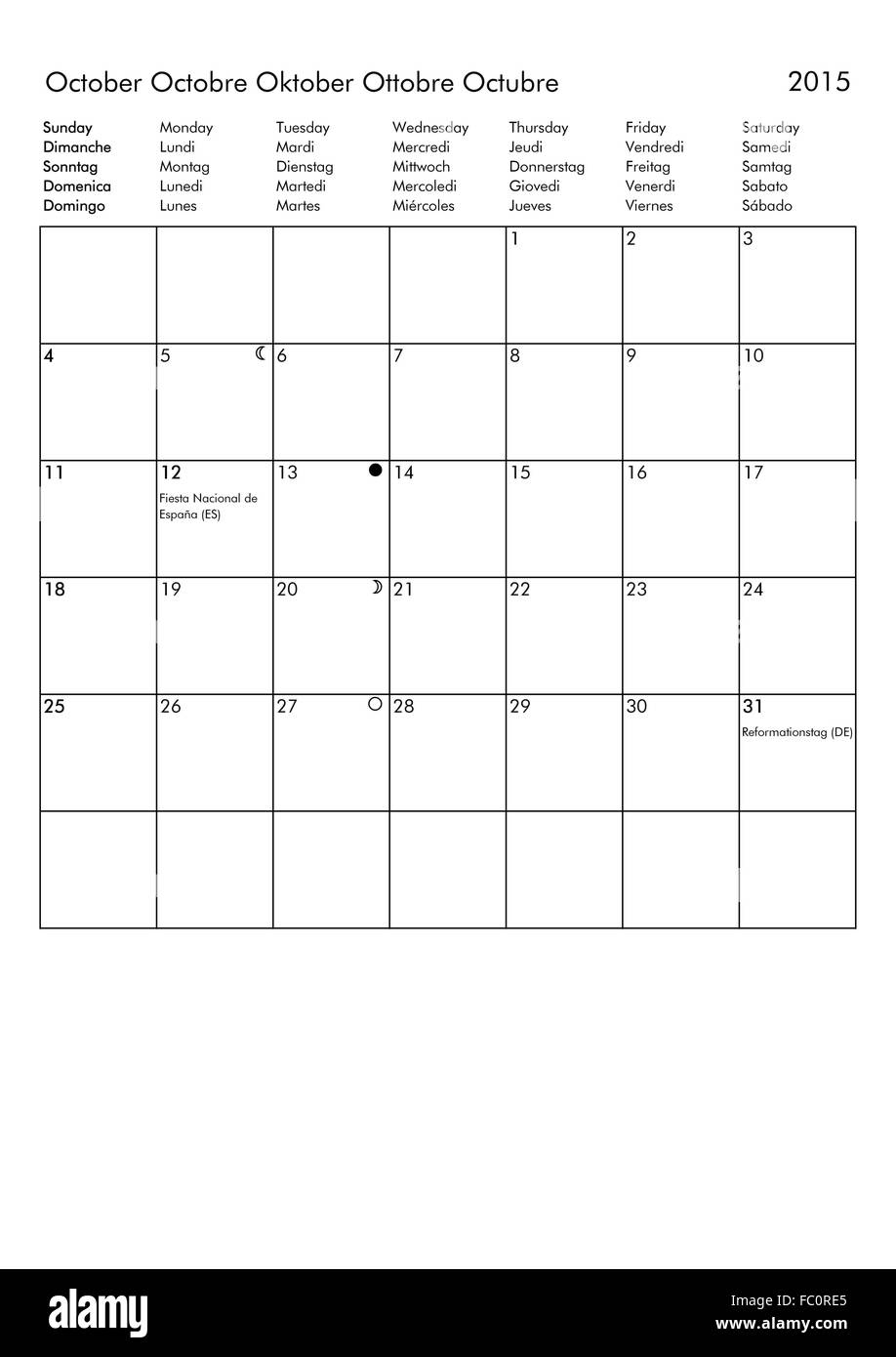 2015 Calendar - October Stock Photo - Alamy