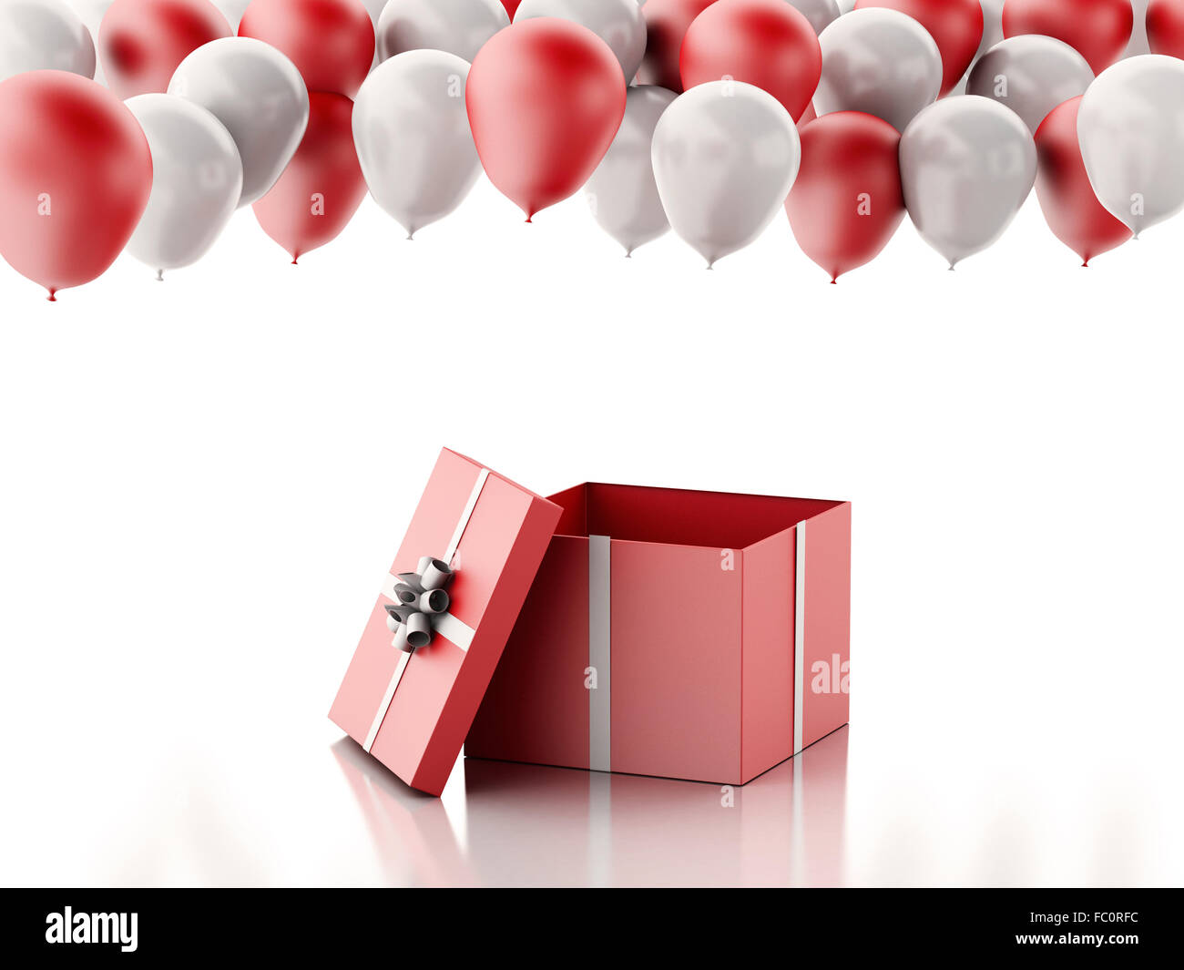 3d Open gift box with red and white baloons Stock Photo - Alamy