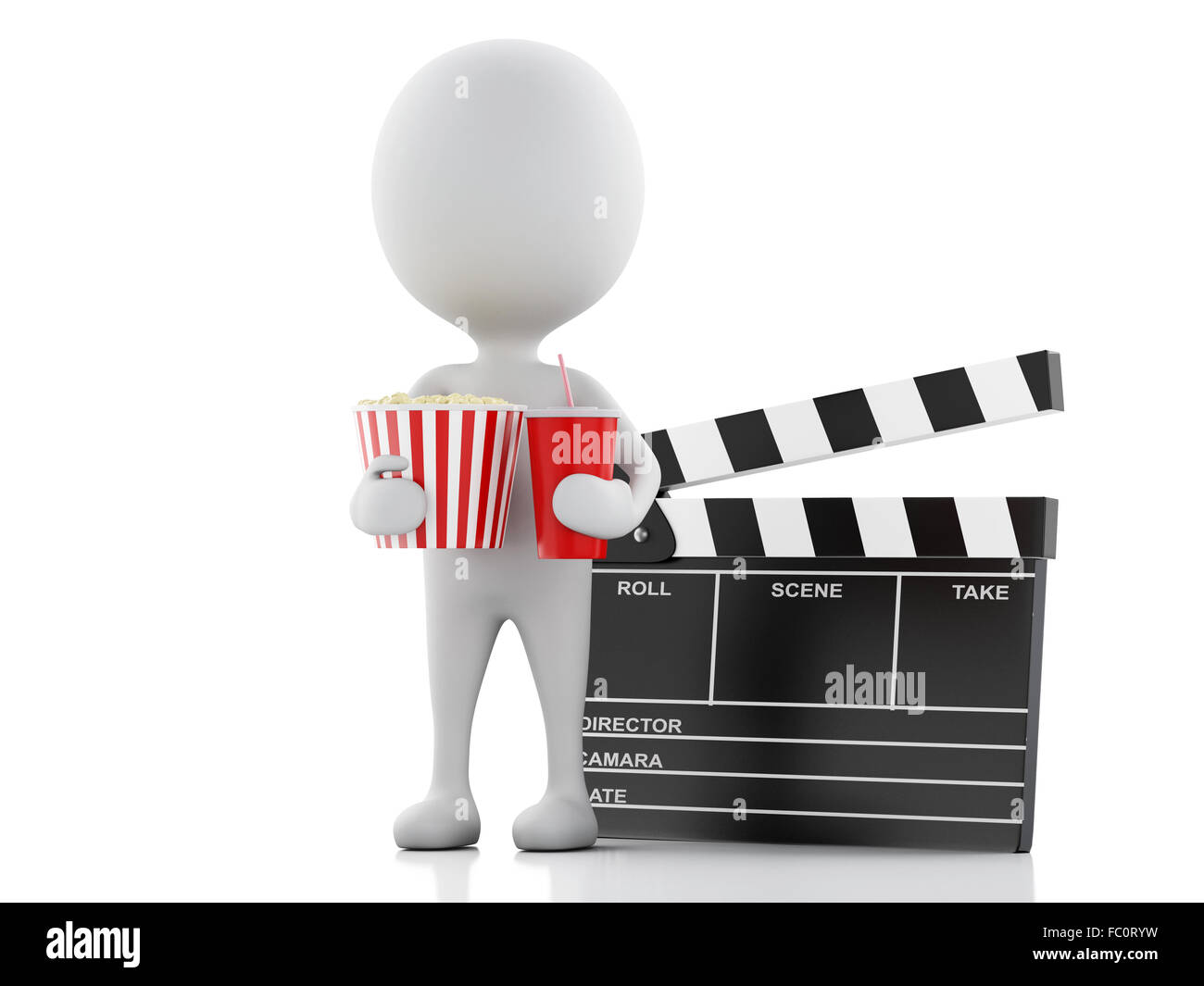 3d white man with clapper board, popcorn and drink Stock Photo - Alamy