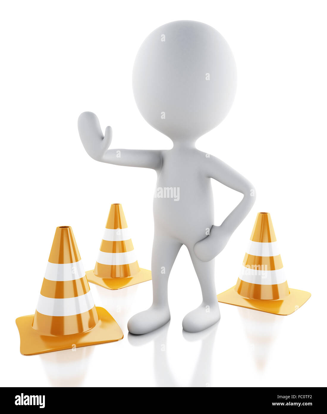 3d white people stop sign with traffic cones Stock Photo - Alamy