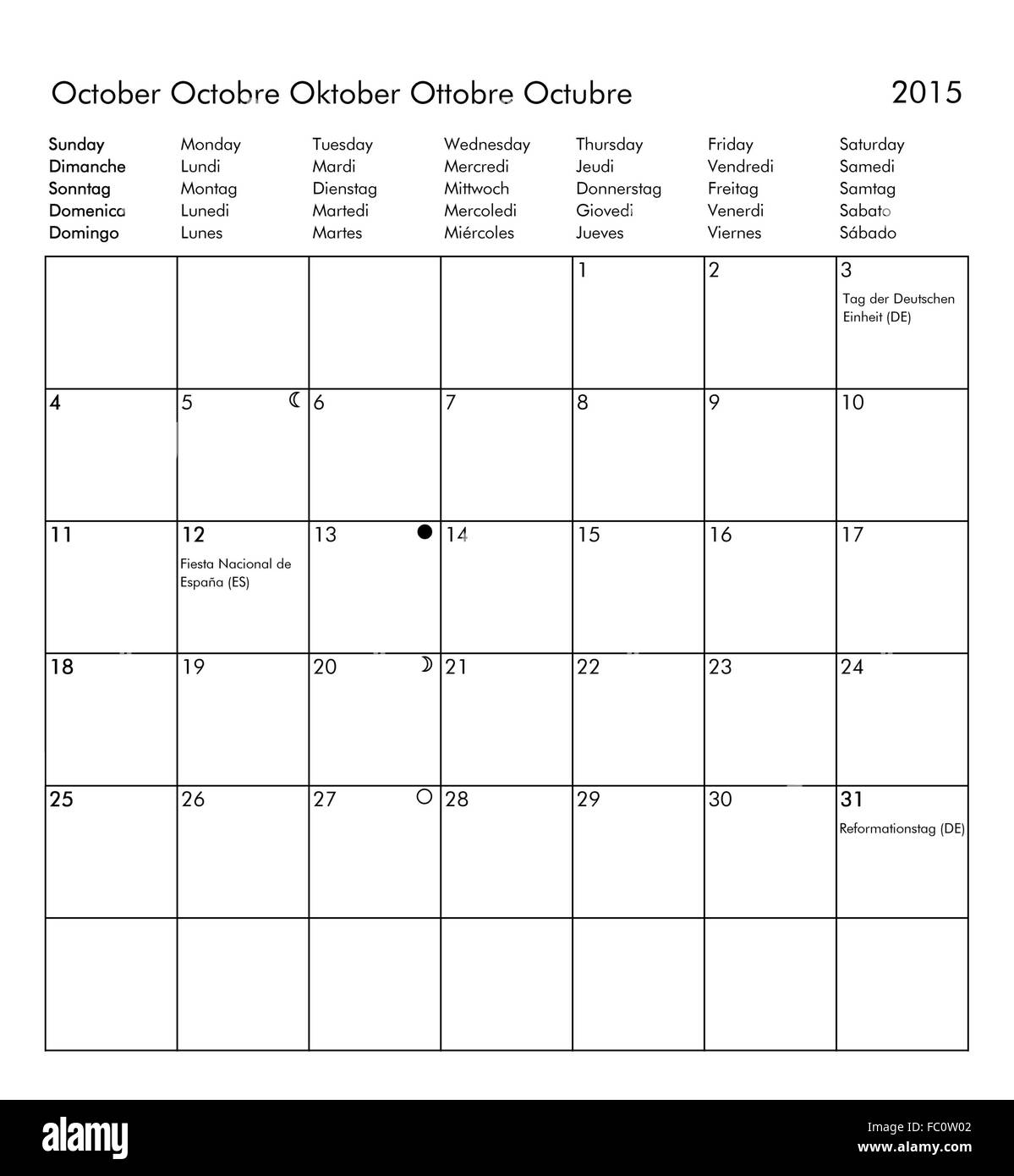 Calendar of year 2015 - October Stock Photo - Alamy