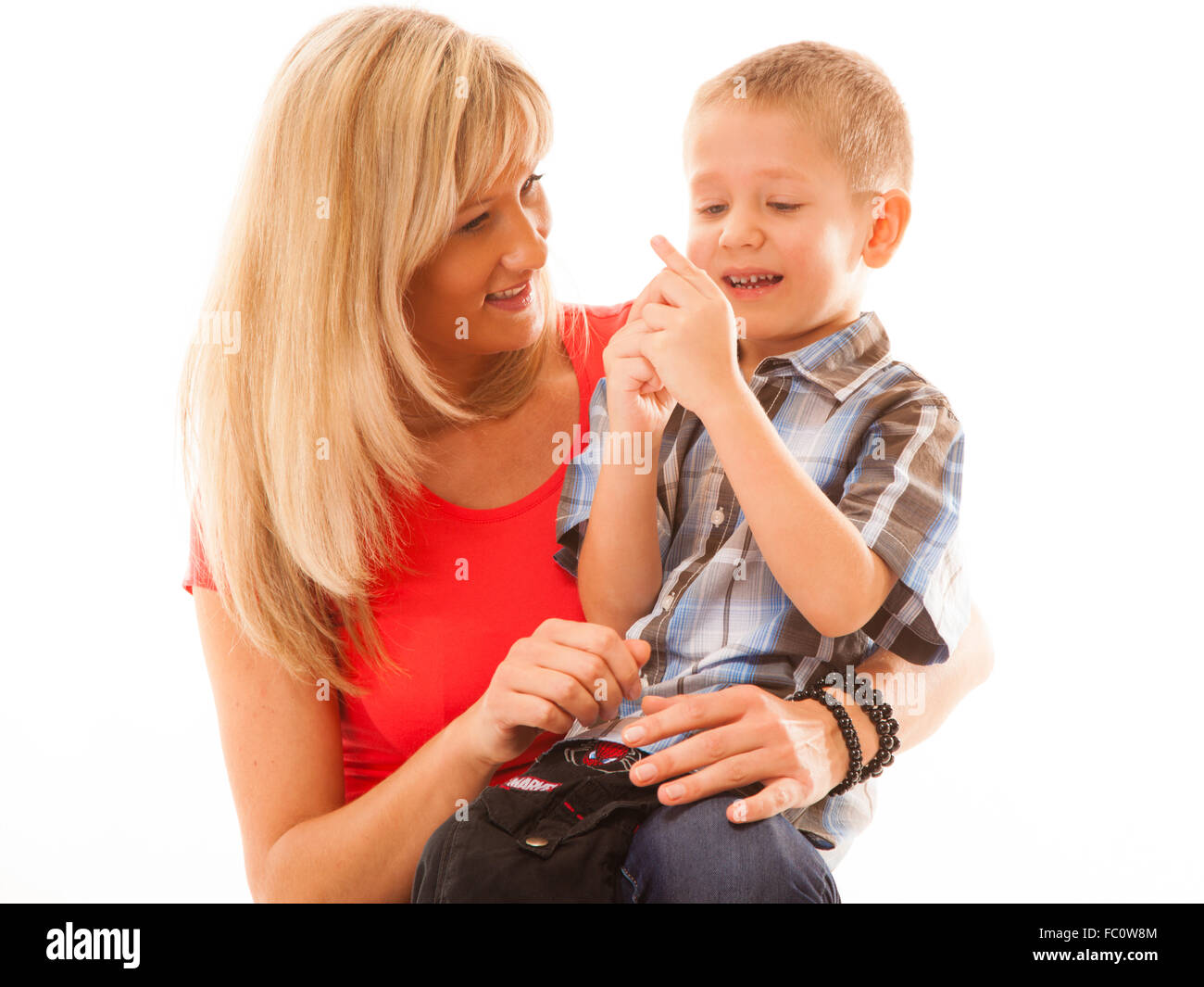 Portrait happy mature mother with child 6 years boy isolated Stock ...
