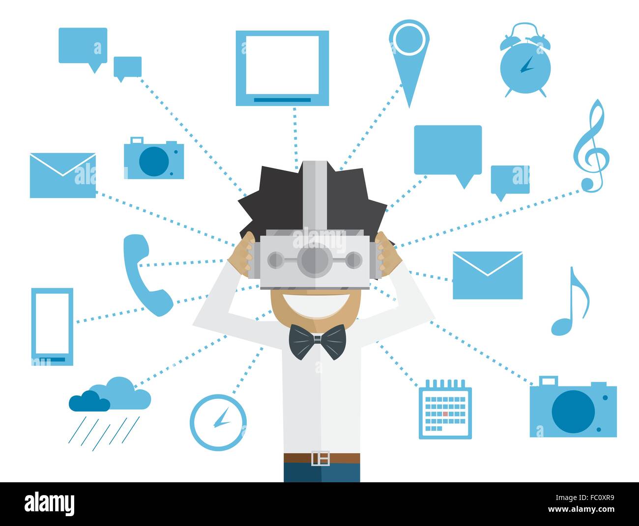 Man and head-mounted display. Vector illustration. Image in flat design ...